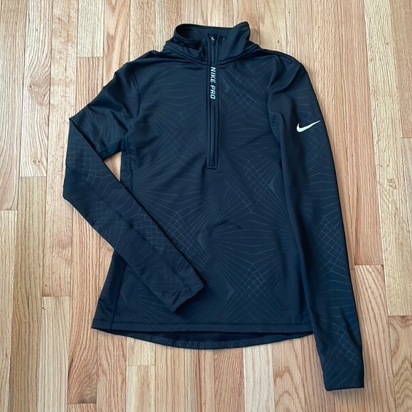 Nike | Tops | Nike Pro Sweater Women Medium Black Swoosh Logo Hyperwarm ...